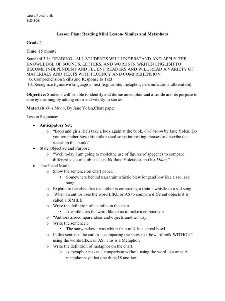 Lesson Plan - Owl Moon - Metaphors and Similes | PDF | Reading ...