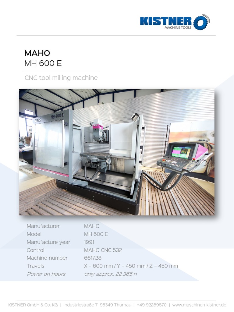 Technical Specifications and Photographs of a Used 1991 MAHO MH 600 E ...