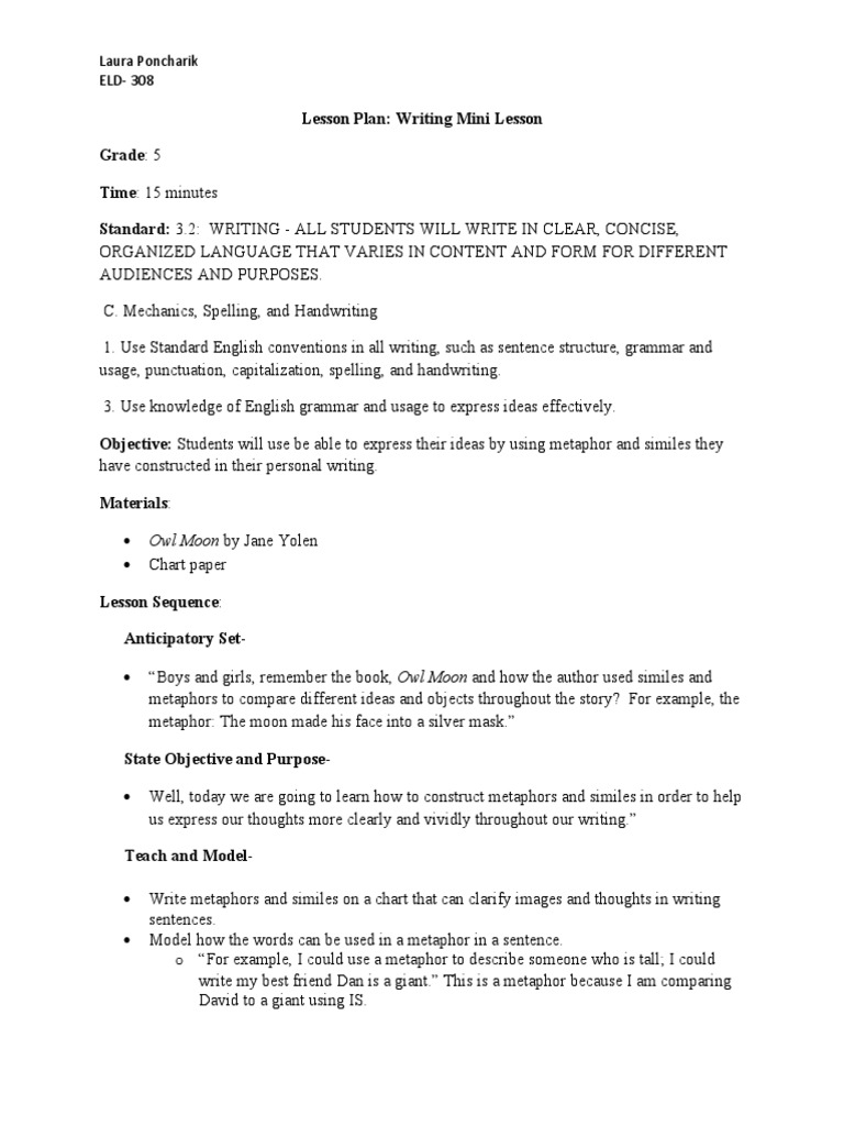 Owl Moon Lesson Plan - Writing Mini Lesson | PDF | Metaphor | Grammar