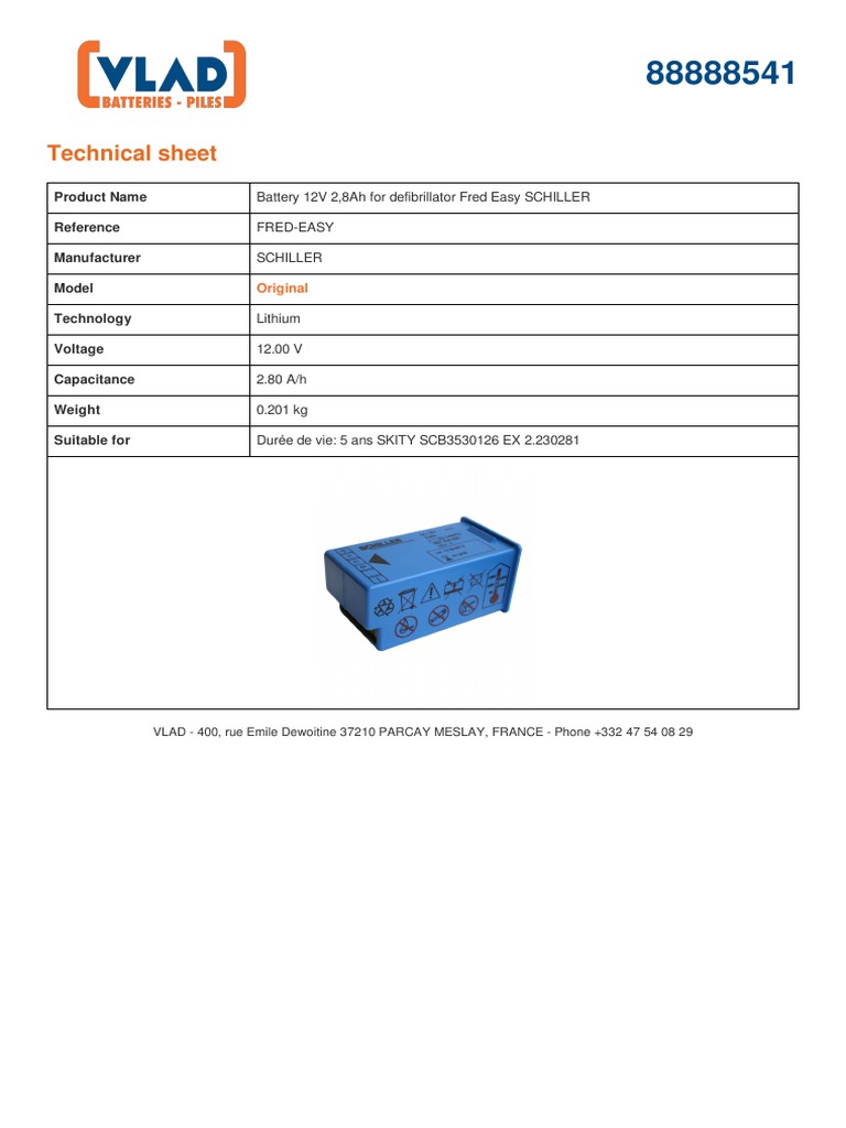 Technical Sheet: Battery 12V 2,8ah For Defibrillator Fred Easy SCHILLER ...