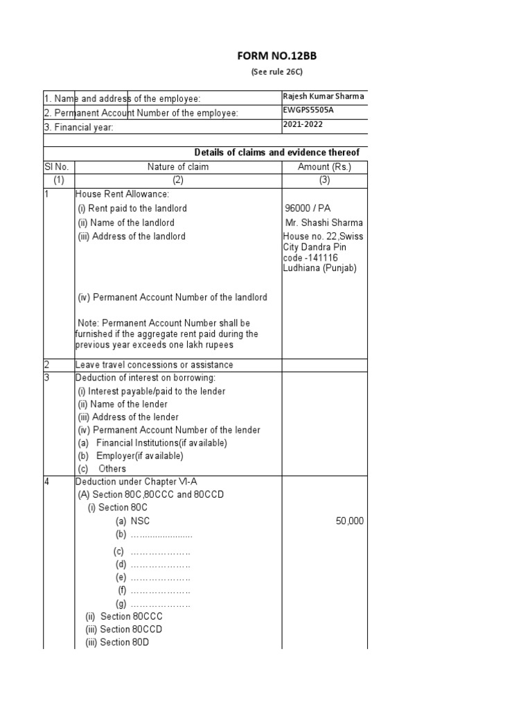 Form No.12Bb: Details of Claims and Evidence Thereof | PDF | Economies