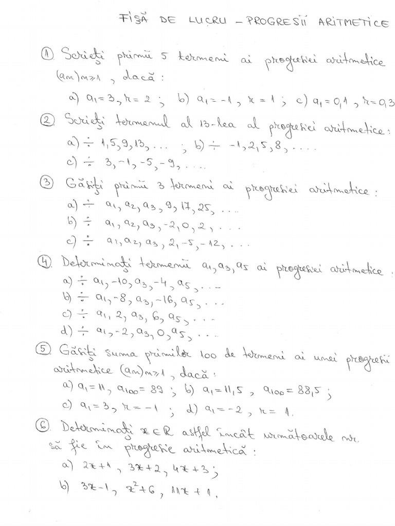 Fisa de Lucru - Progresii Aritmetice | PDF