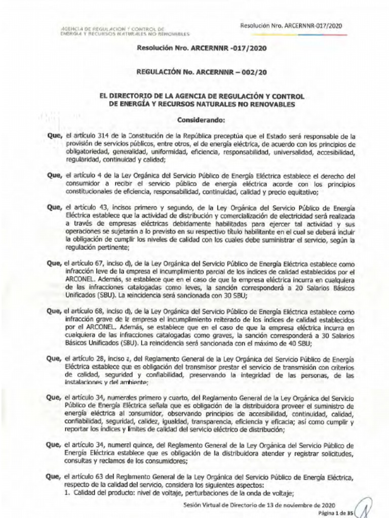 Ecuador Regulacion-No.-ARCERNNR-002 - 20-Calidad-de-Distribucion | PDF