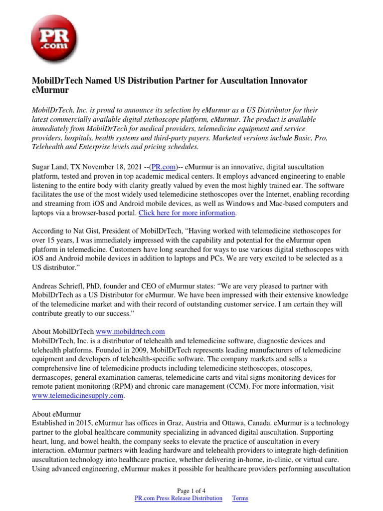 MobilDrTech Named US Distribution Partner For Auscultation Innovator ...
