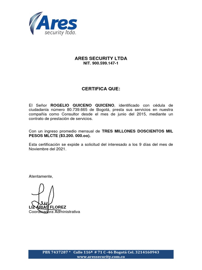 Certificación de Servicios de Rogelio Quiceno | PDF