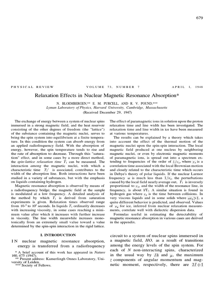 Nuclear Magnetic Resonance Relaxation Effects | PDF | Relaxation (Nmr ...