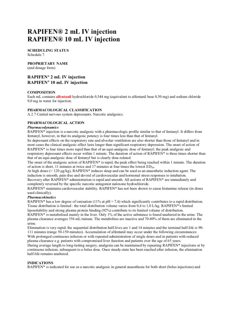 Rapifen Alfentanil Pdf Dose Biochemistry Chemistry