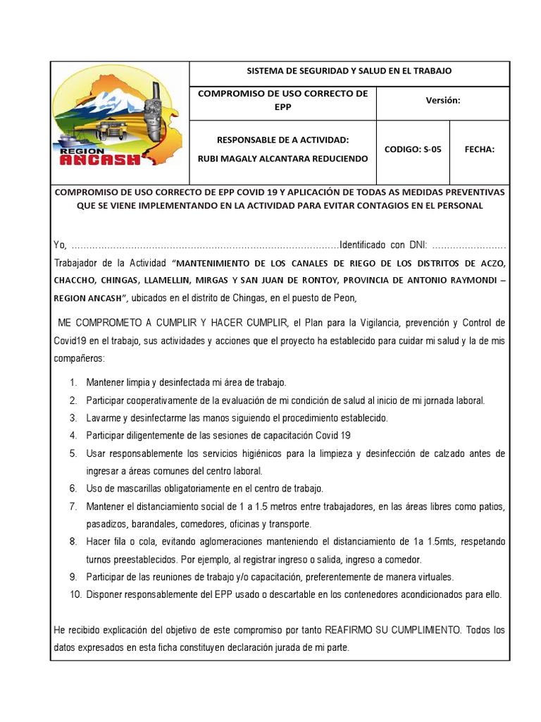 Formato - S05 Compromiso de Uso Correcto Epp Covid | PDF | Ciencias de la Salud