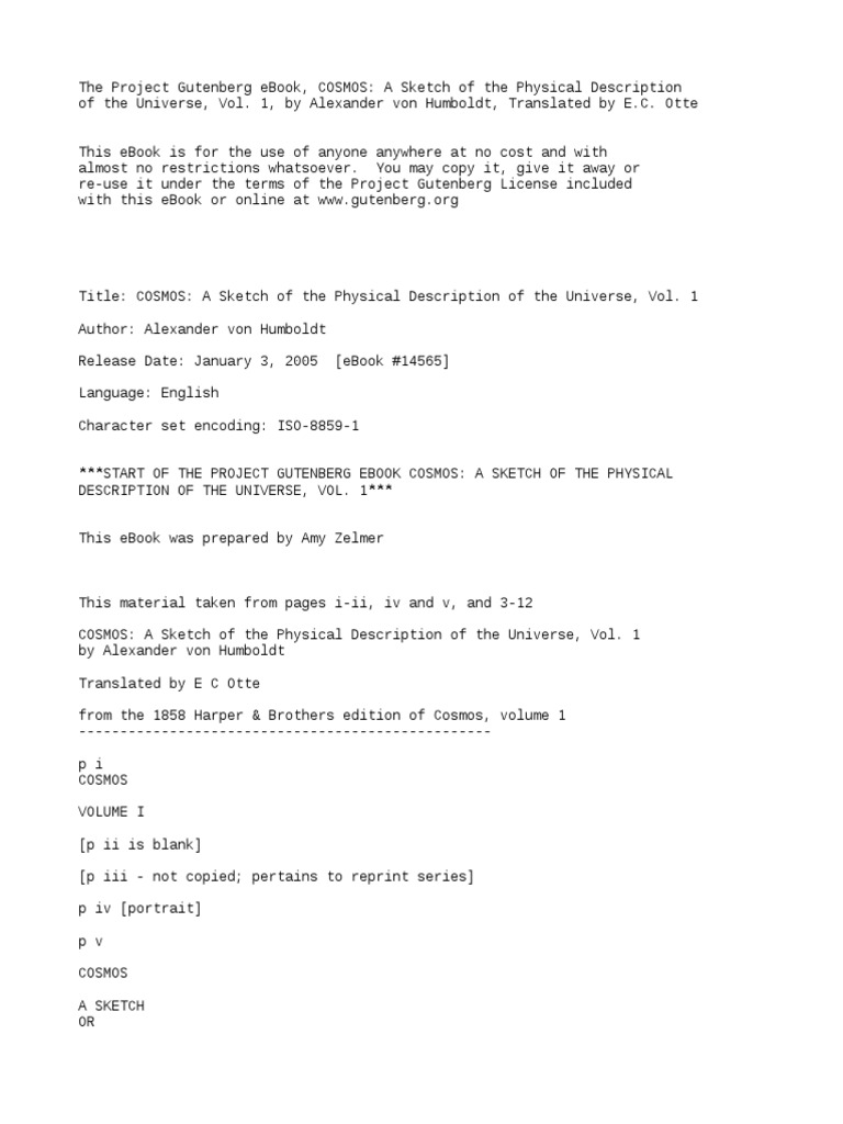 Cosmos A Sketch of The Physical Description of The Universe, Vol. 1 by ...