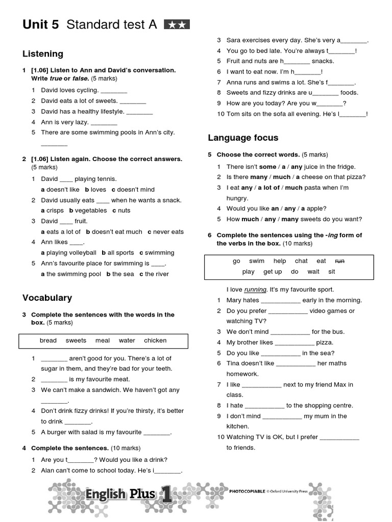 Unit 5 Standard Test A: Listening | PDF | Food And Drink