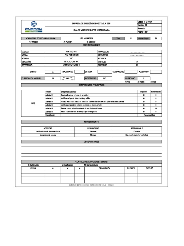 Formato Hoja Mto Ups Pto-001 | PDF | Electricidad | Ingenieria Eléctrica