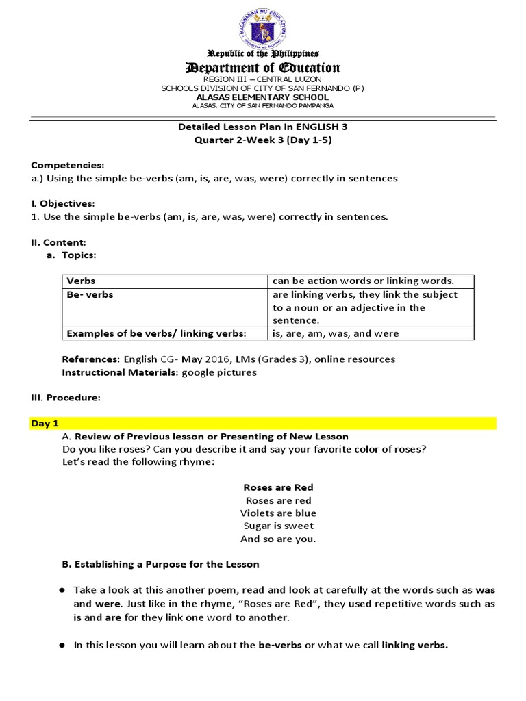 English 3 Be-Verbs Lesson Plan | PDF | Verb | Grammatical Number