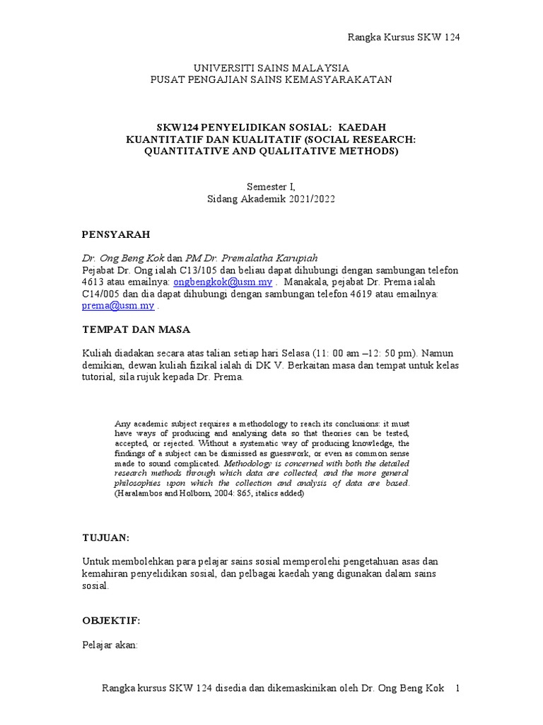 Rangka Kursus SKW 124 Untuk Semester 1 2021 Atau 2022 | PDF