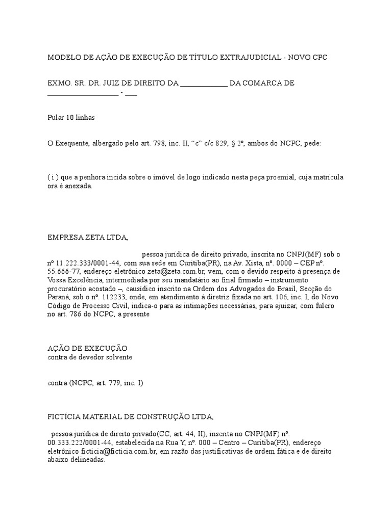 Modelo de Ação de Execução de Título Extrajudicial - Novo CPC | PDF ...