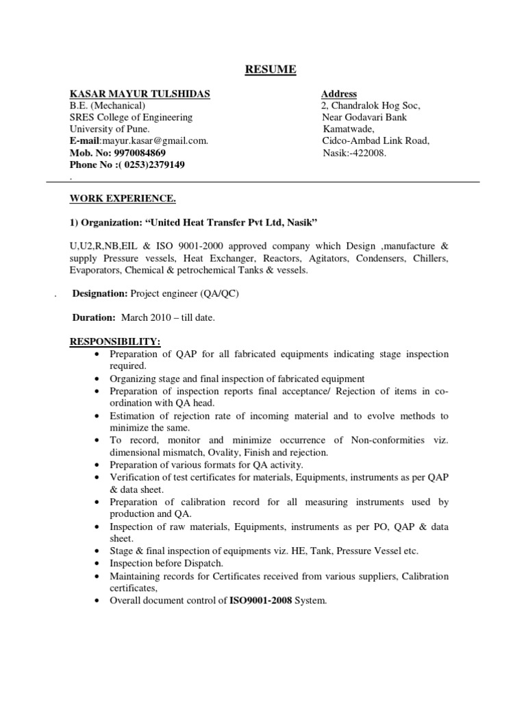 Resume Qa QC | PDF | Heat Exchanger | Valve