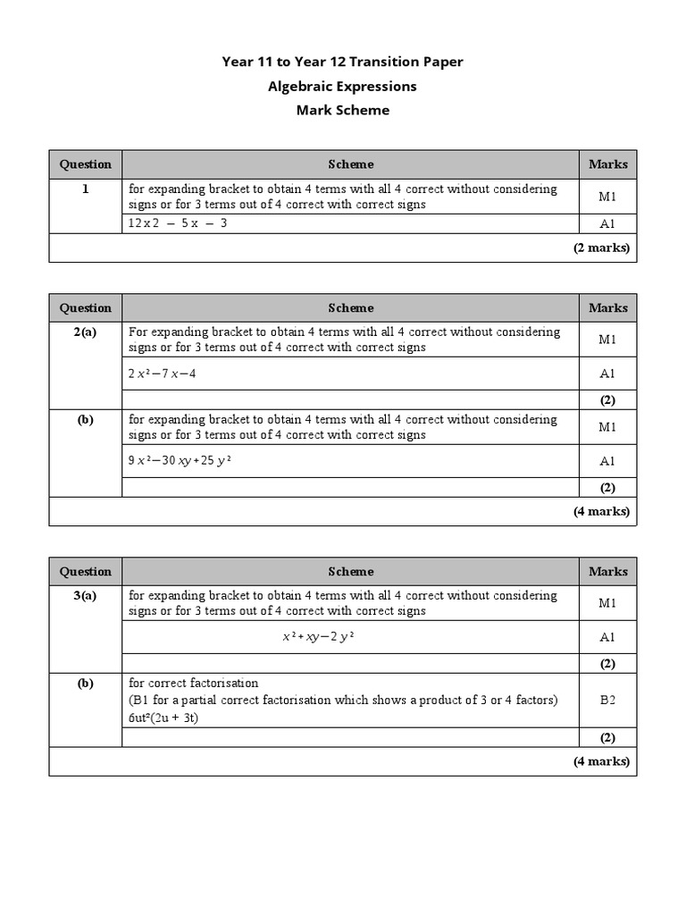 Chapter 1 Algebraic Expressions Mark Scheme | PDF | Mathematics | Mathematical Objects