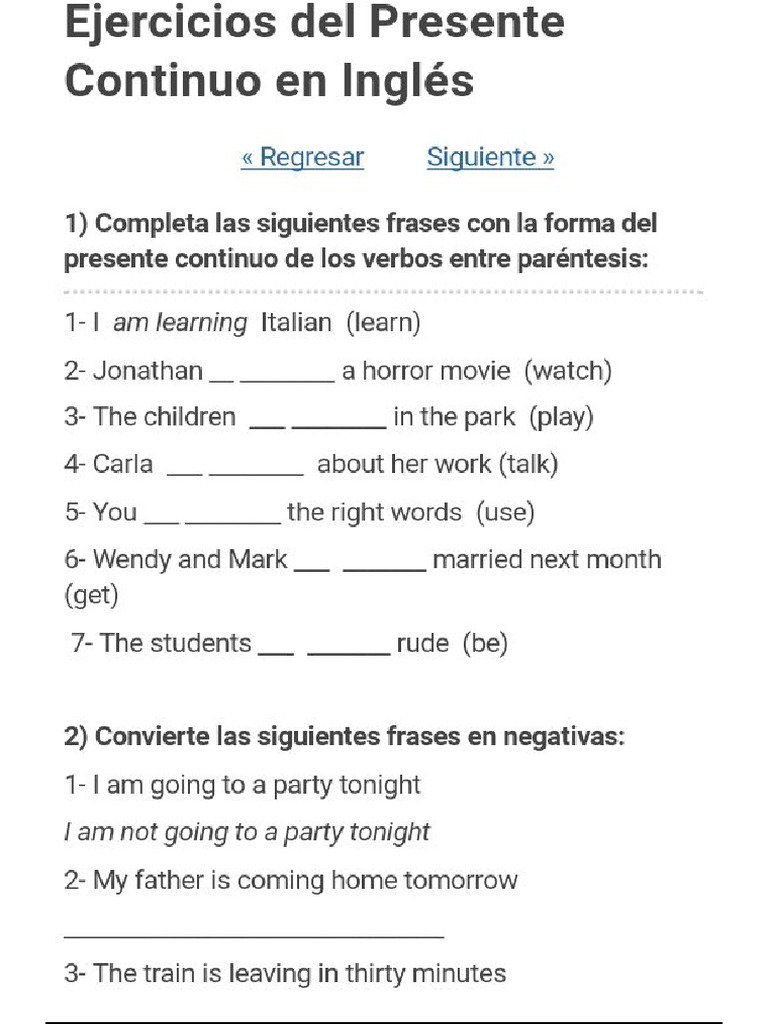Ejercicios Del Presente Continuo | PDF