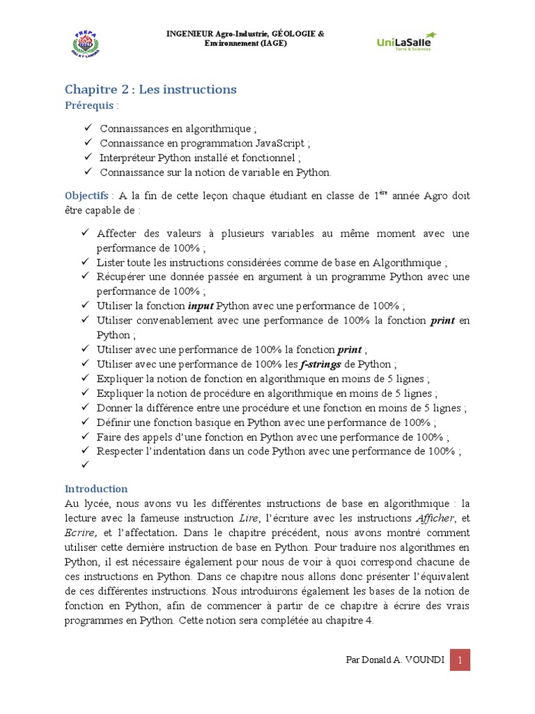 Chapitre 2 Les Instructions en Python | PDF | Interface en ligne de ...