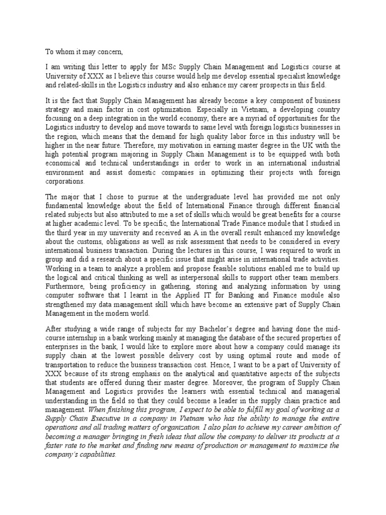 Personal Statement SOP | PDF | Logistics | Supply Chain Management