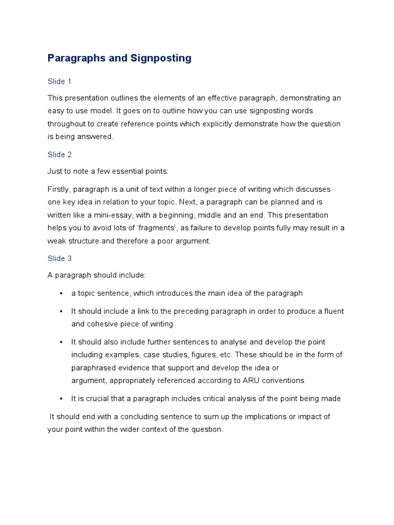 Paragraphs and Signposting | Download Free PDF | Paragraph | Question