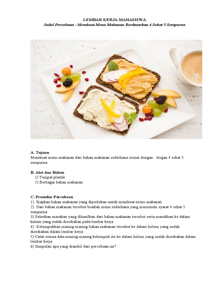 Judul Percobaan: Membuat Menu Makanan Berdasarkan 4 Sehat 5 Sempurna ...