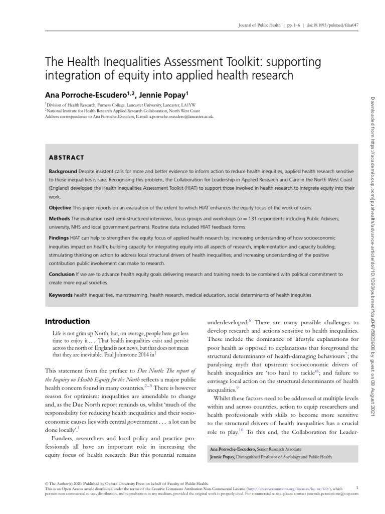 The Health Inequalities Assessment Toolkit Supporting Integration of ...