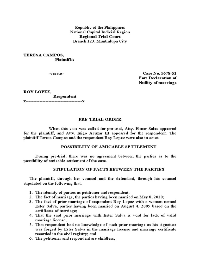 Pre-Trial Order for Marriage Nullity Case | PDF | Annulment | Witness