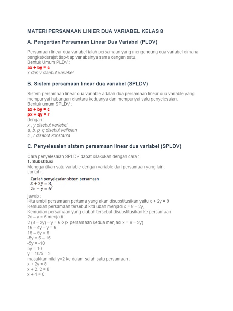 Materi Persamaan Linier Dua Variabel KLS 8 | PDF | Metode & Bahan Ajar