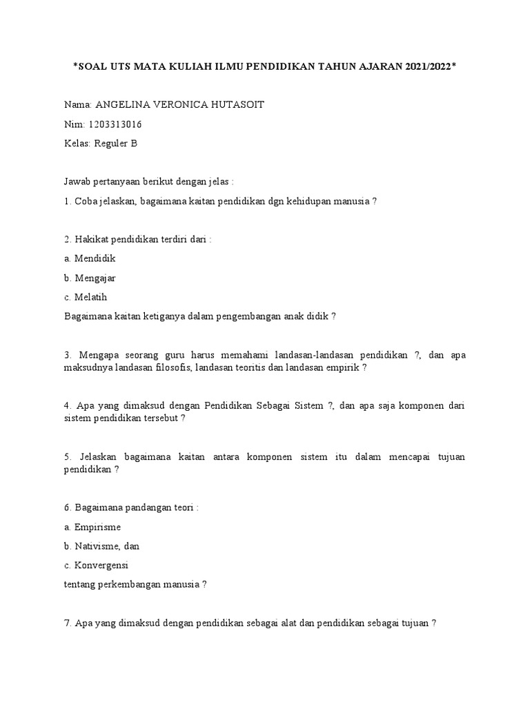 Soal UTS Ilmu Pendidikan 2021/2022 | PDF | Karier & Perkembangan