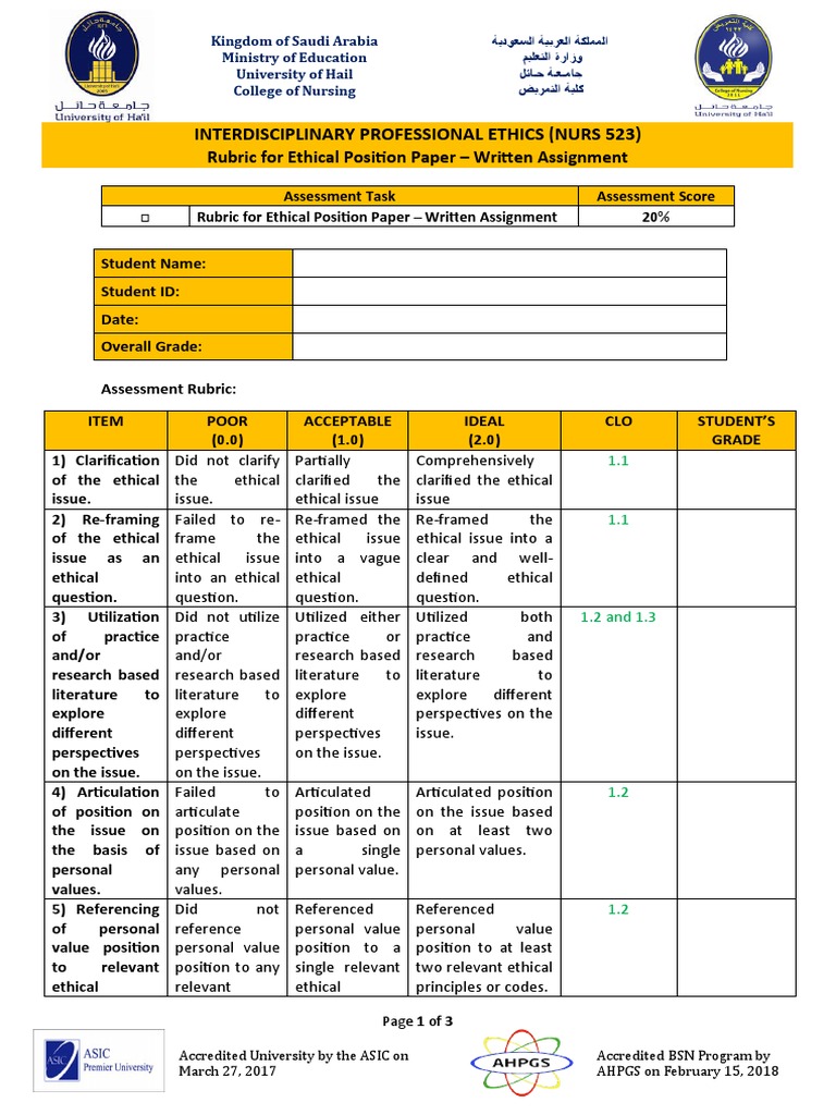 Rubric For Ethical Position Paper Written Assignment | PDF | Rubric ...