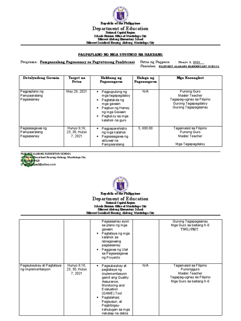 Pagpaplano Sa Pampaaralang Pagsasanay Sa Literasi | PDF