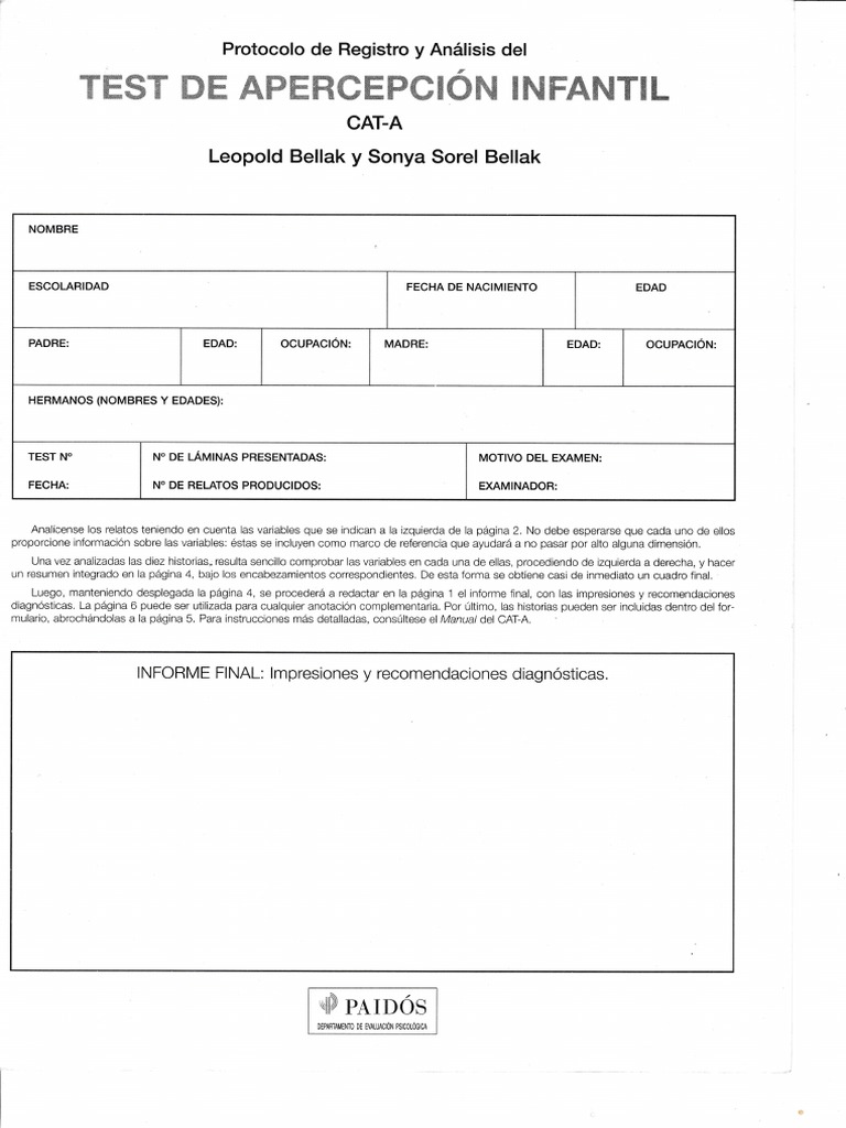 Protocolo 2 Completo TEST DE APERCEPCION INFANTIL CAT-A LEOPOLD BELLAK ...