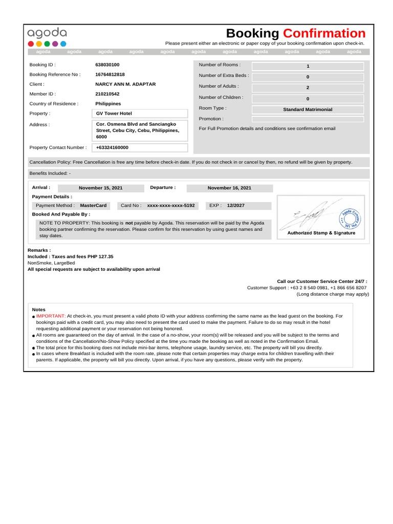 Confirmation For Booking ID # 638030100 | Download Free PDF | Payments ...