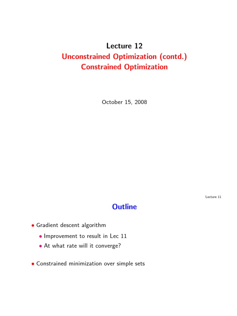 Unconstrained Optimization (Contd.) Constrained Optimization | PDF ...
