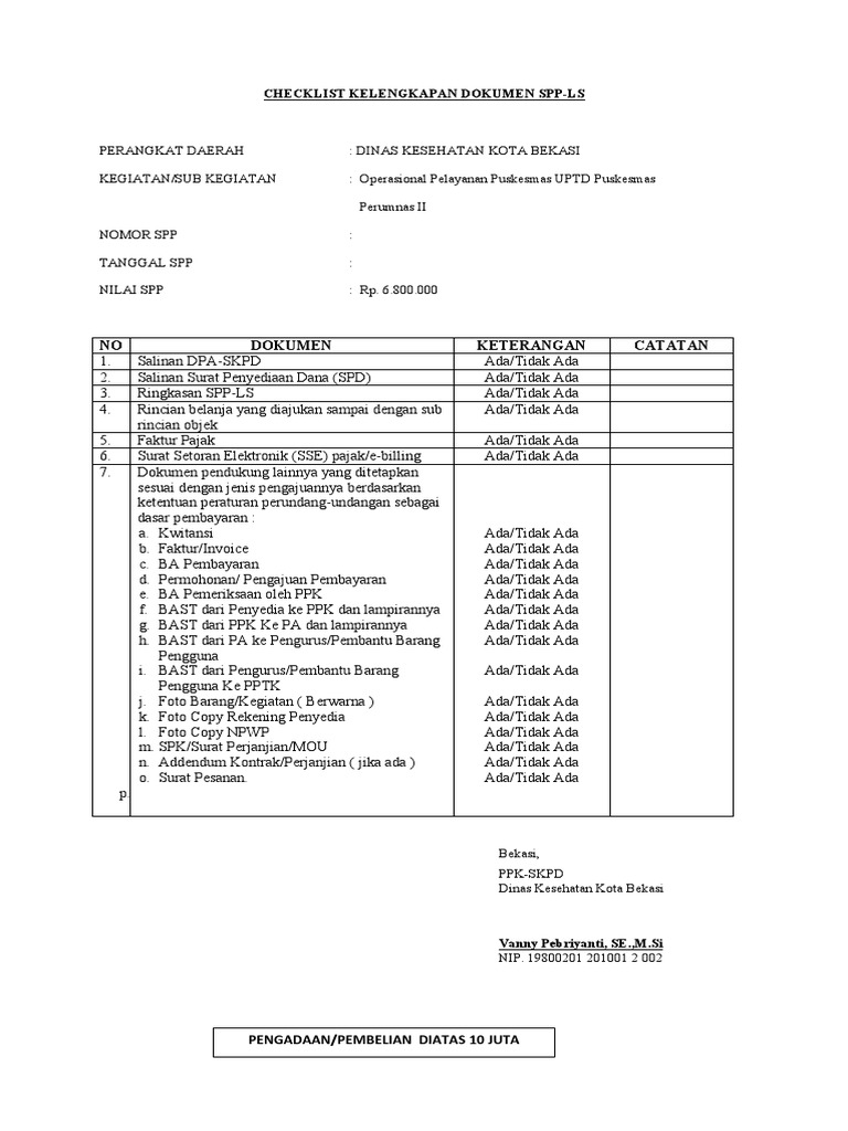 Checklist Kelengkapan Dokumen SPP-LS | PDF