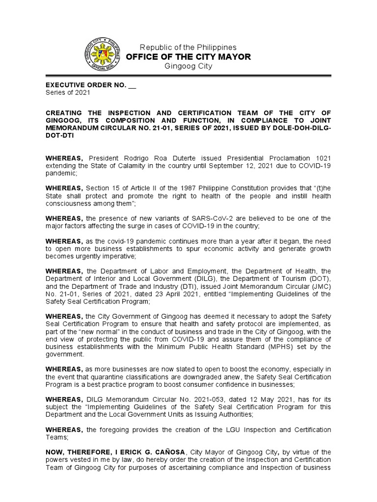 EXECUTIVE ORDER - Inspection and Certification Team 2021 (Edited) | PDF ...