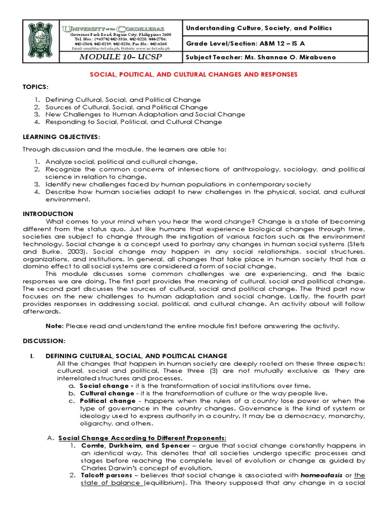 Module 10 - Ucsp: Social, Political, and Cultural Changes and Responses ...