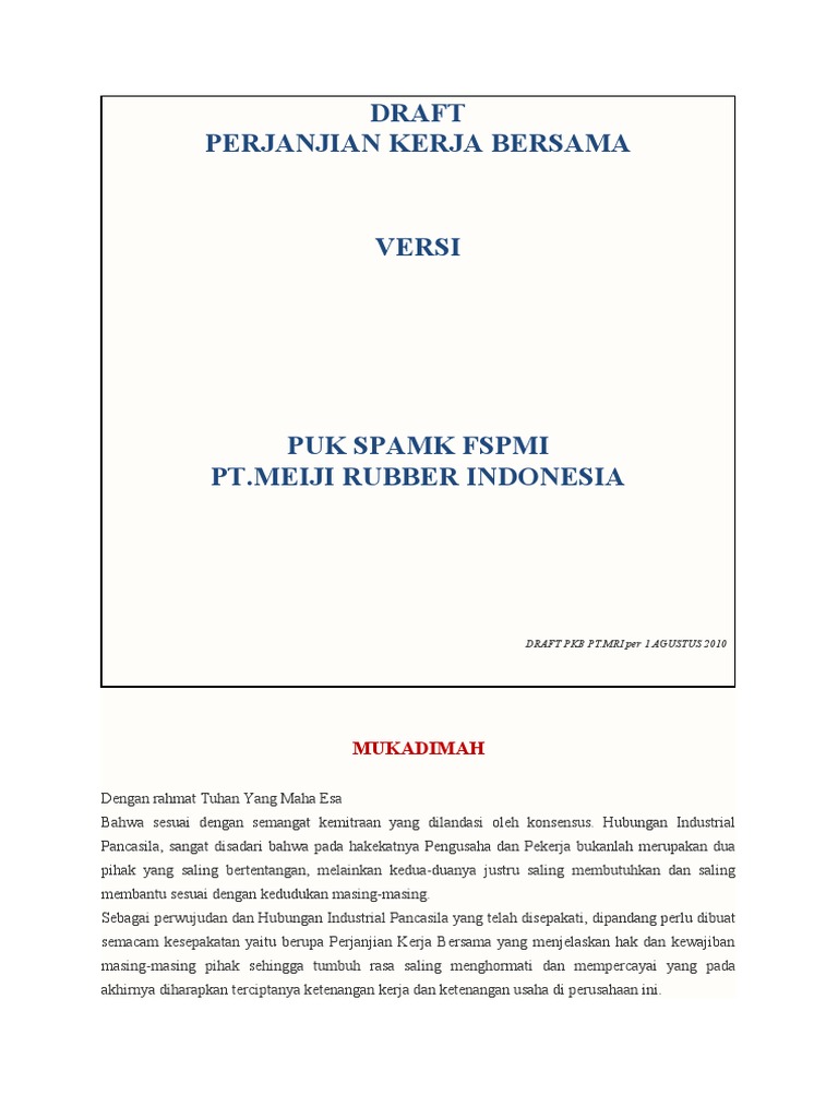 Draft PKB PT Meiji Rubber Indonesia | PDF
