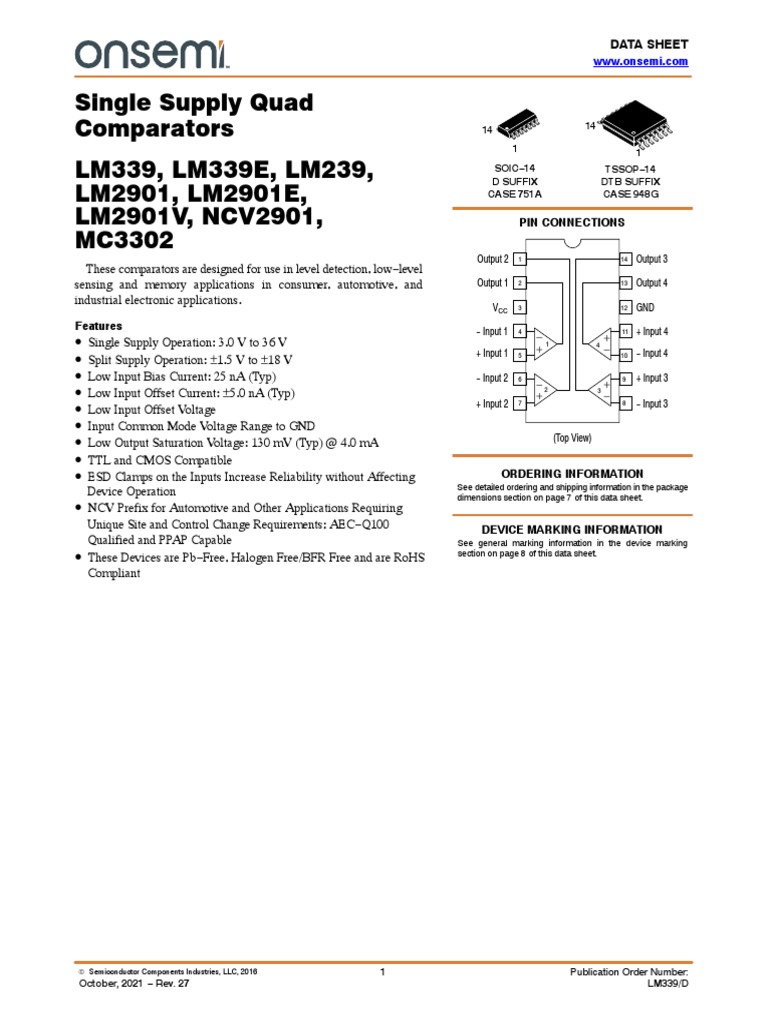 Single Supply Quad Comparators LM339, LM339E, LM239, LM2901, LM2901E ...
