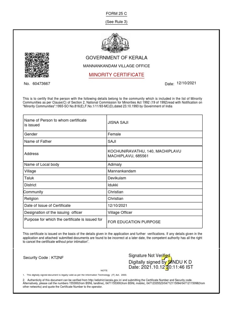 Minority Certificate Issued for Educational Purposes to Jisna Saji, a ...