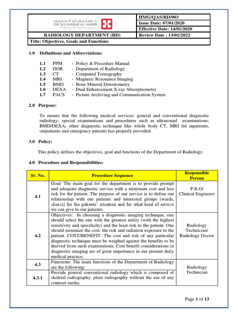 RD 003 Objectives, Goals and Functions | PDF | Radiology | Medical Imaging