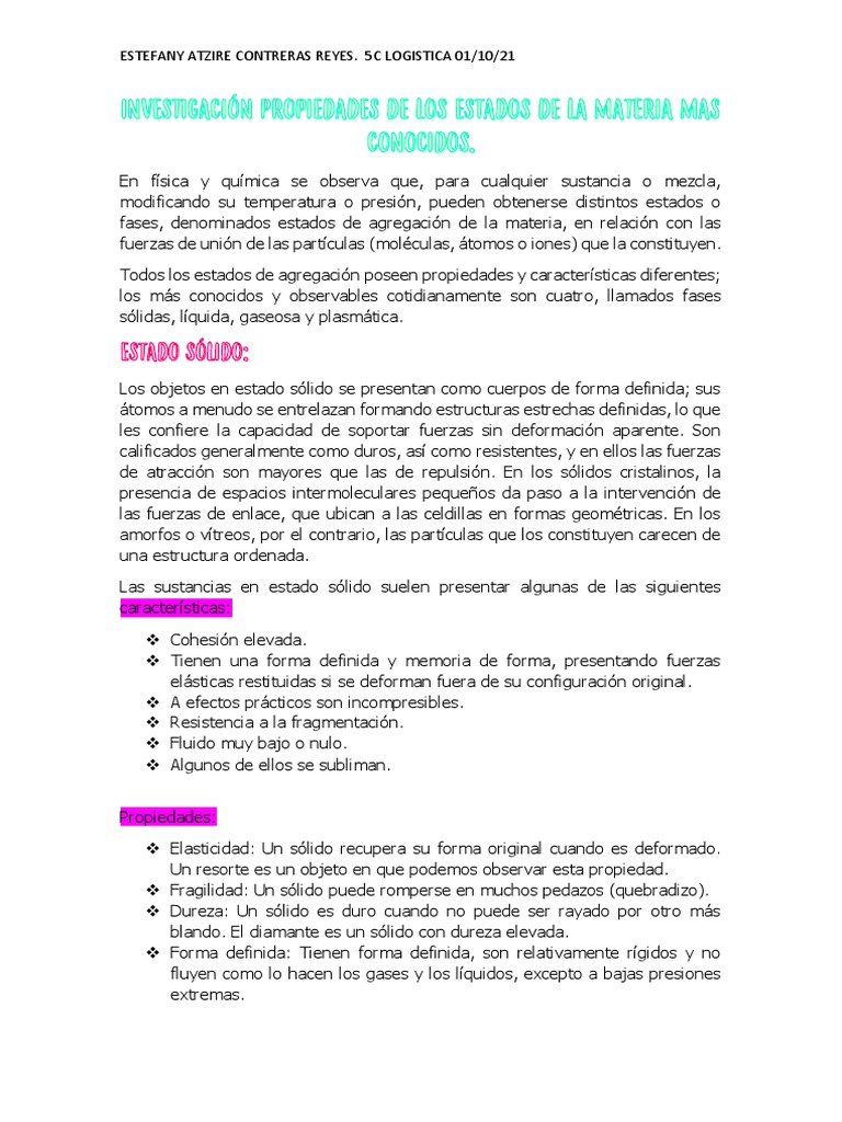 Investigación Propiedades de Los Estados de La Materia Mas Conocidos ...