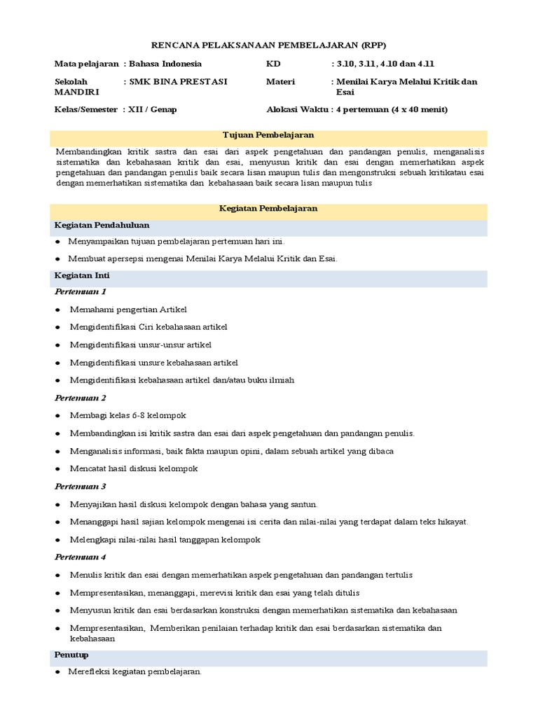 RPP Menilai Karya Melalui Kritik Dan Esai | PDF | Karier & Perkembangan