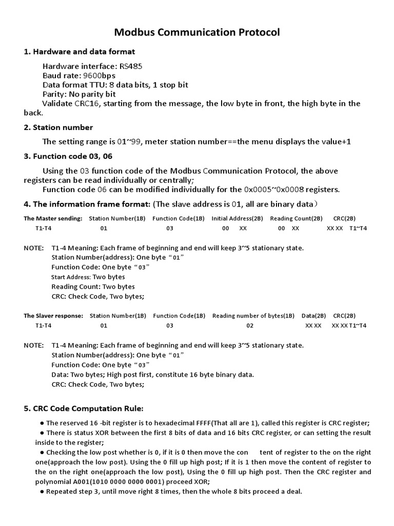 Modbus Communication Protocol: 1. Hardware and Data Format | PDF ...