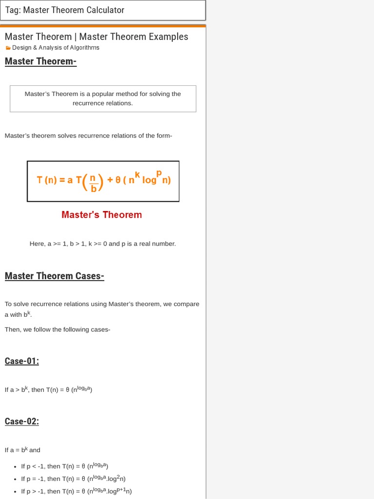Master Theorem Calculator - Gate Vidyalay | PDF | Recurrence Relation ... Master Theorem Calculator - Gate Vidyalay | PDF | Recurrence Relation ...