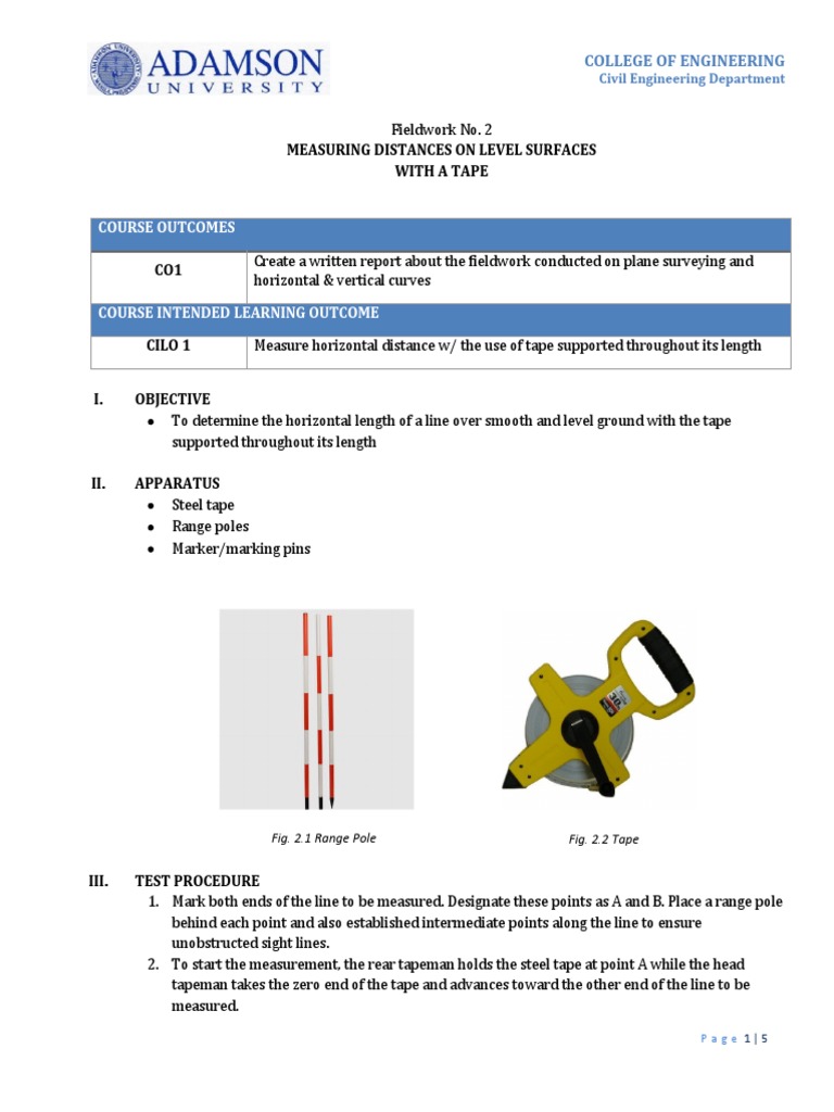 Fieldwork No. 2 - Measuring Distances On Level Surfaces With A Tape ...