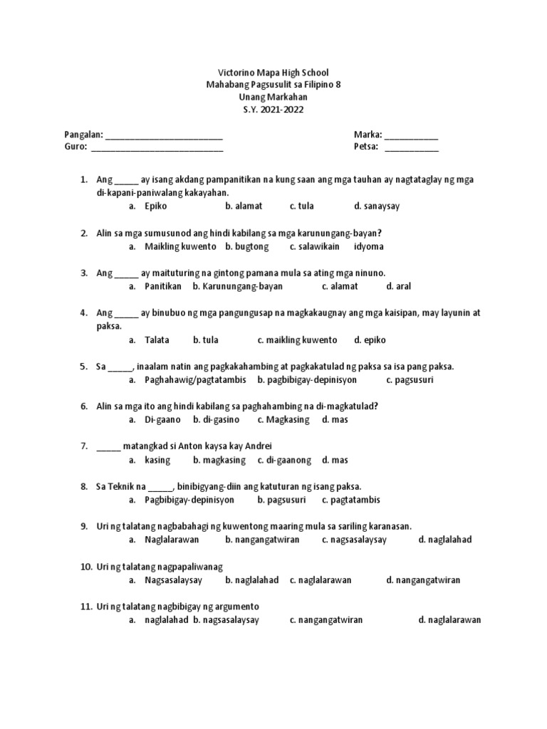Filipino Quarter 1 Test Grade 8. | PDF