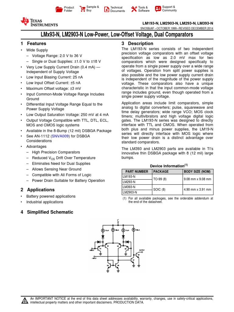 Lmx93-N, Lm2903-N Low-Power, Low-Offset Voltage, Dual Comparators | PDF