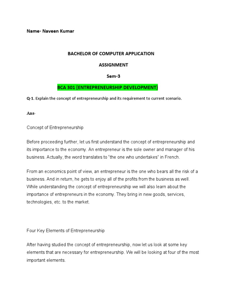 Name-Naveen Kumar: Q-1. Explain The Concept of Entrepreneurship and Its ...