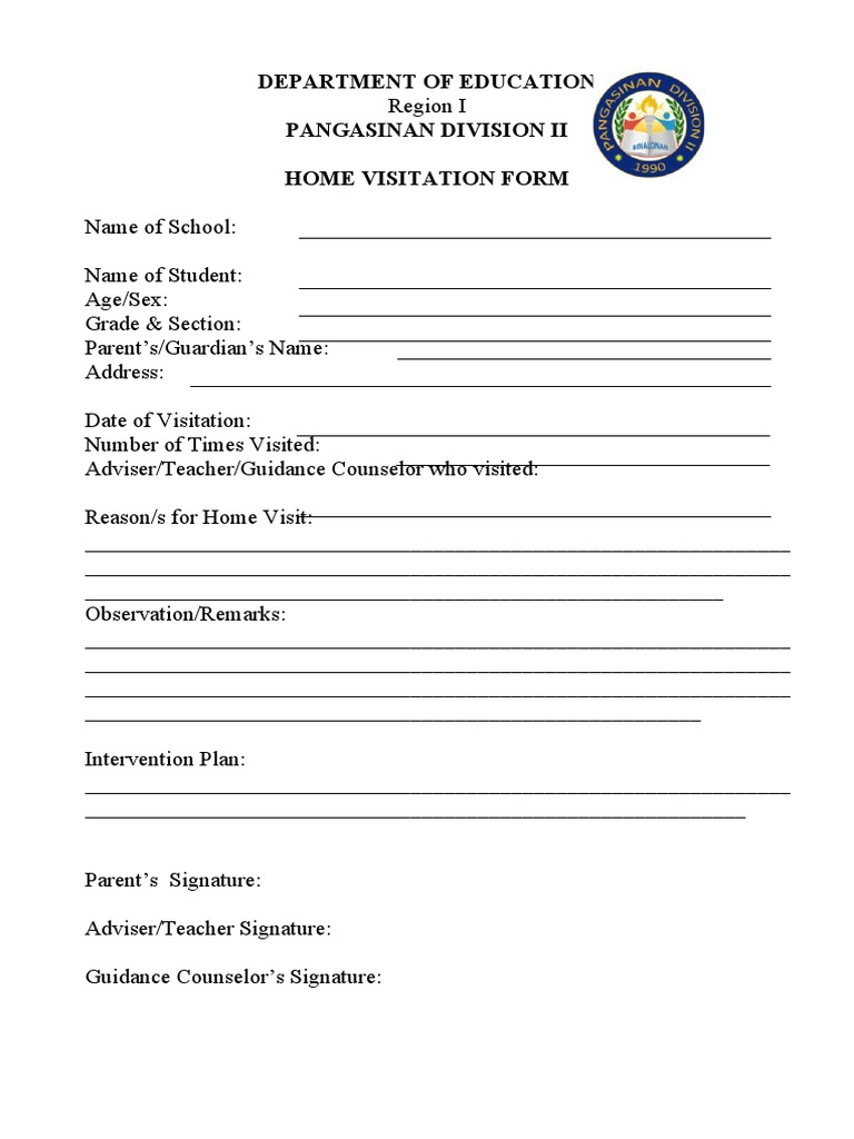 Department of Education Pangasinan Division Ii Home Visitation Form | PDF